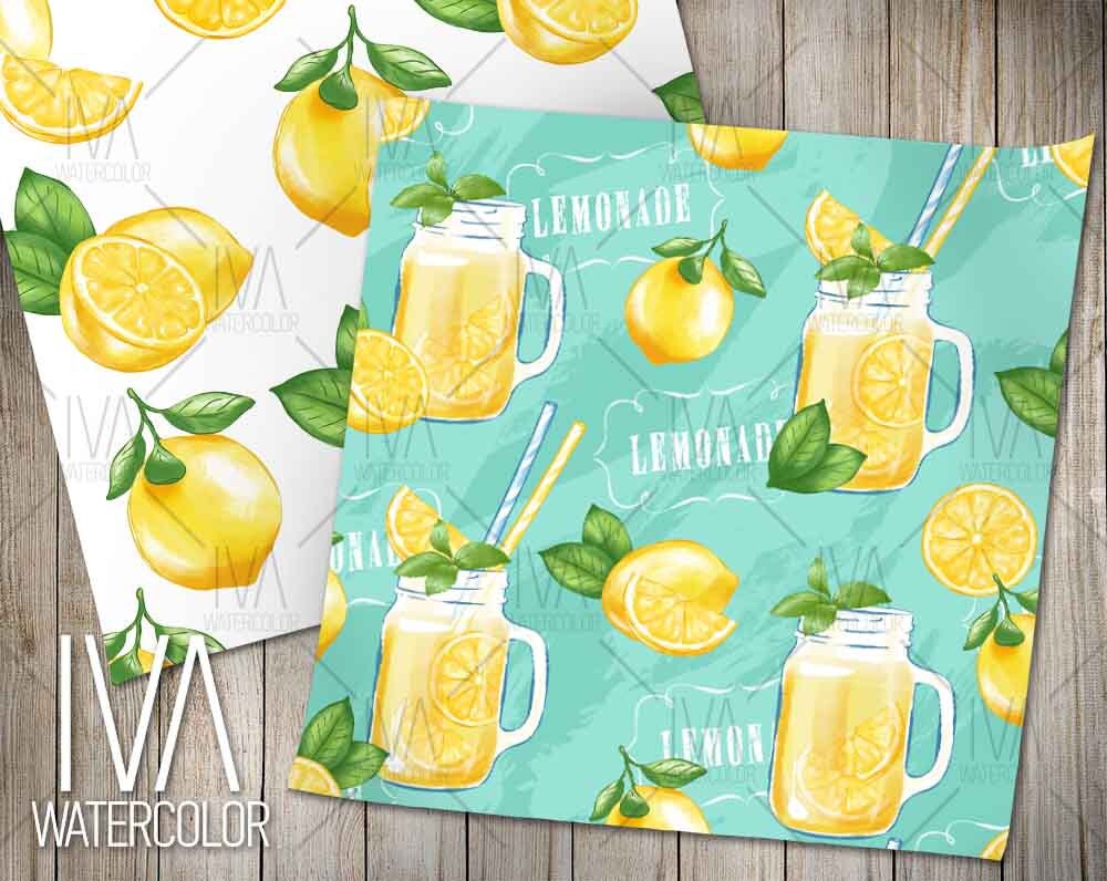 Lemon Digital Paper, Lemonade Cocktail Patterns, Summer, Yellow Green ...