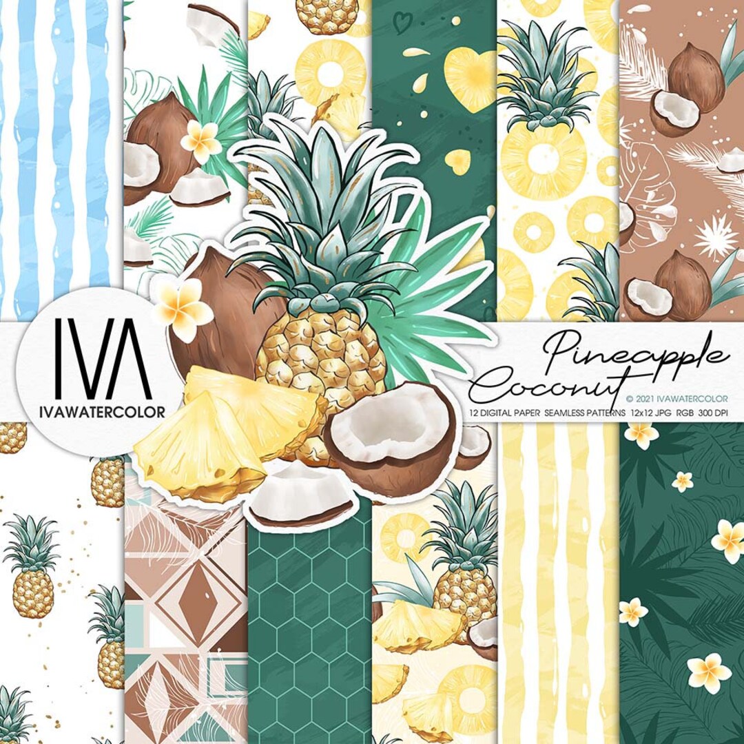 Coconut Pineapple Digital Paper, Tropical Fruits and Leaves Patterns ...
