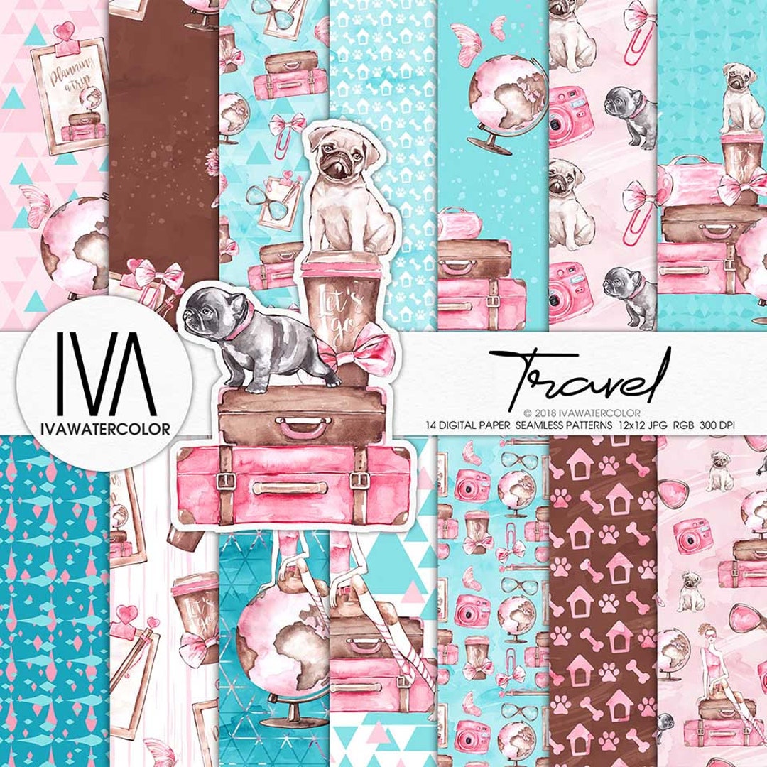 Watercolor Travel Themed Digital Paper, Travel Accessories Drawing ...