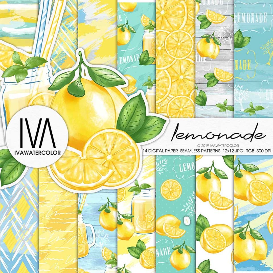 Lemon Digital Paper, Lemonade Cocktail Patterns, Summer, Yellow Green ...