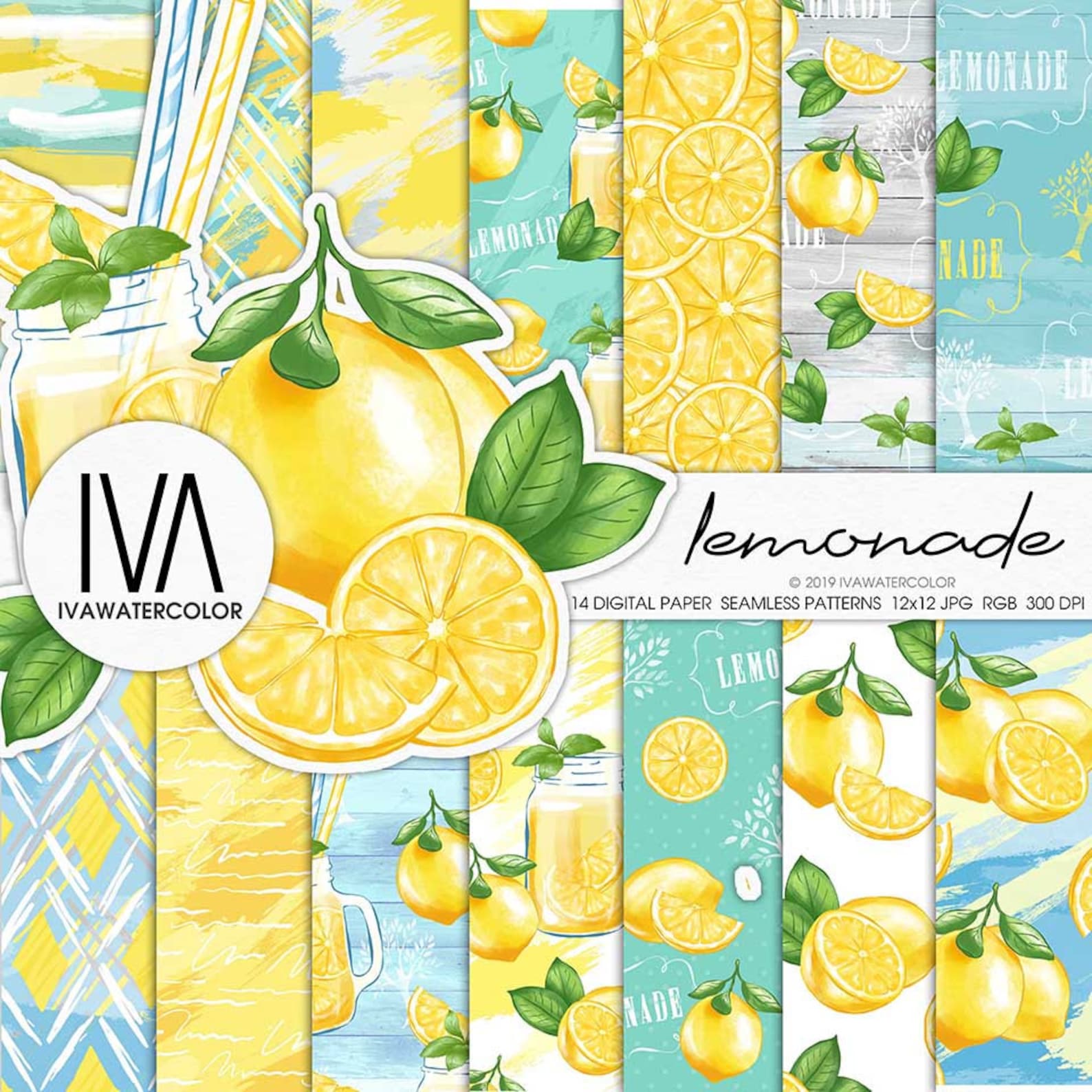 Lemon Digital Paper, Lemonade Cocktail Patterns, Summer, Yellow Green ...