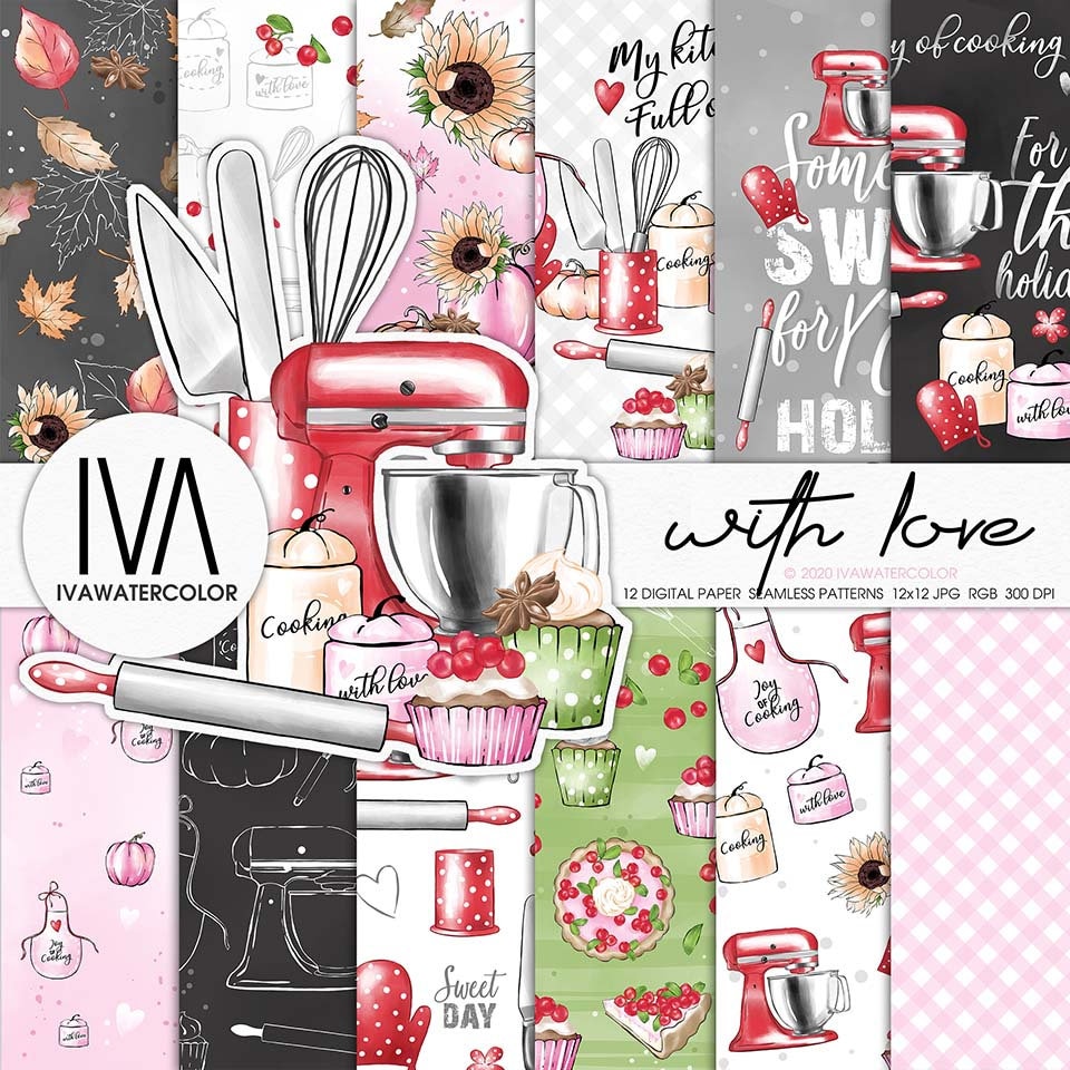 Culinary Art Design Digital Paper, Kitchen Art, Dessert Surface Pattern ...