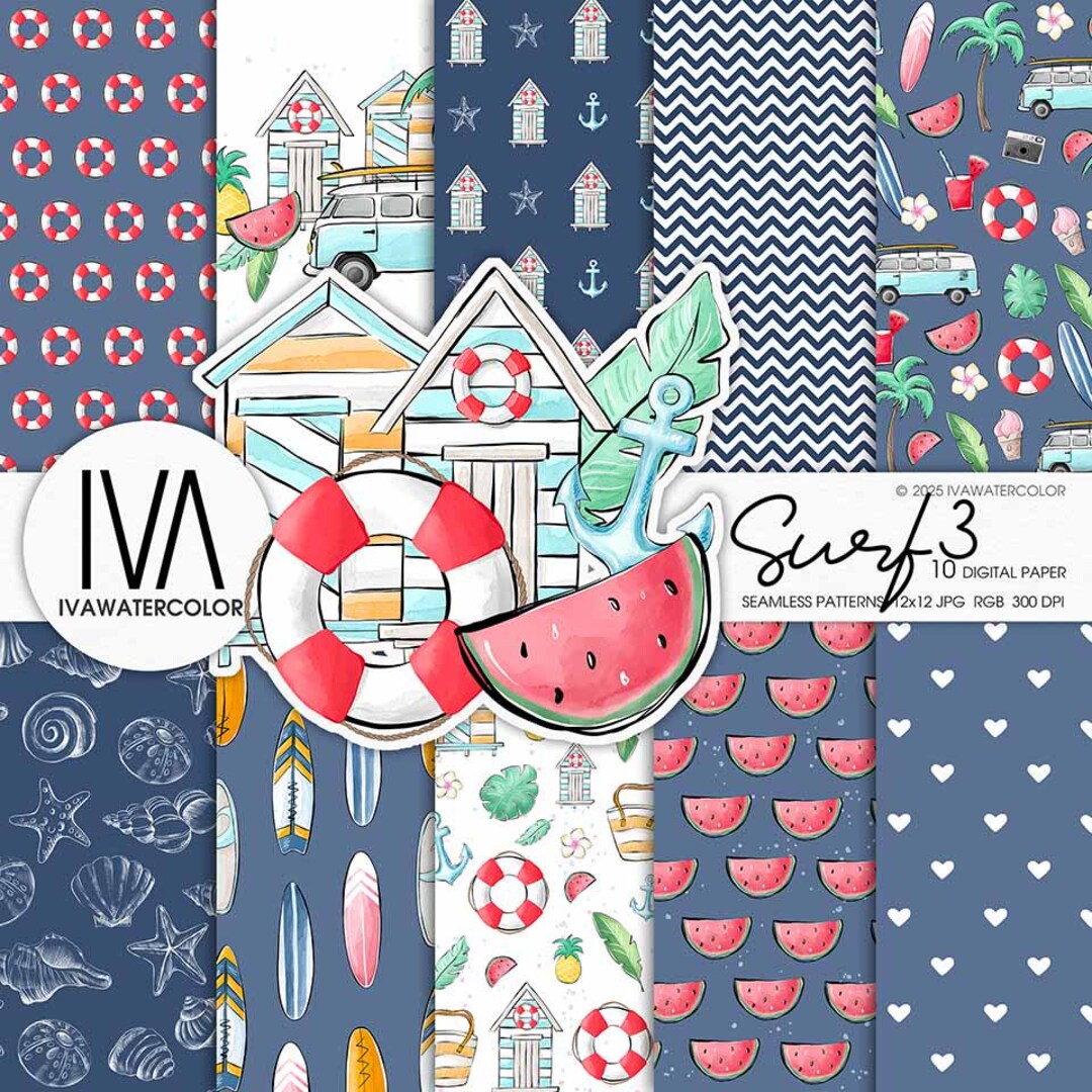 Summer Beach Surf Camper Digital Paper, Watermelon Holiday Template for ...