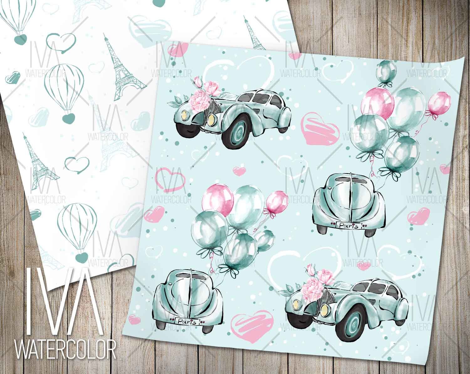 Paris Digital Paper Spring Wedding, Hot Air Balloons in Paris, Seamless ...