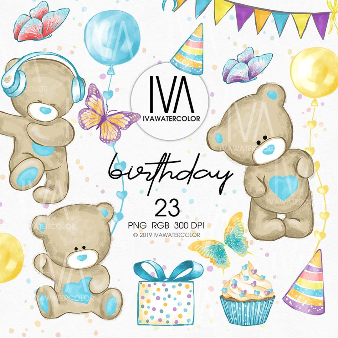 Birthday Teddy Bear Clipart, Children's Party Clipart, Butterflies ...