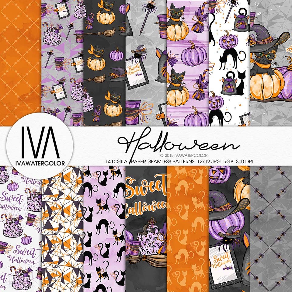 Halloween Digital Paper Pack, Scrapbook, Autumn Watercolor Fall, Black ...