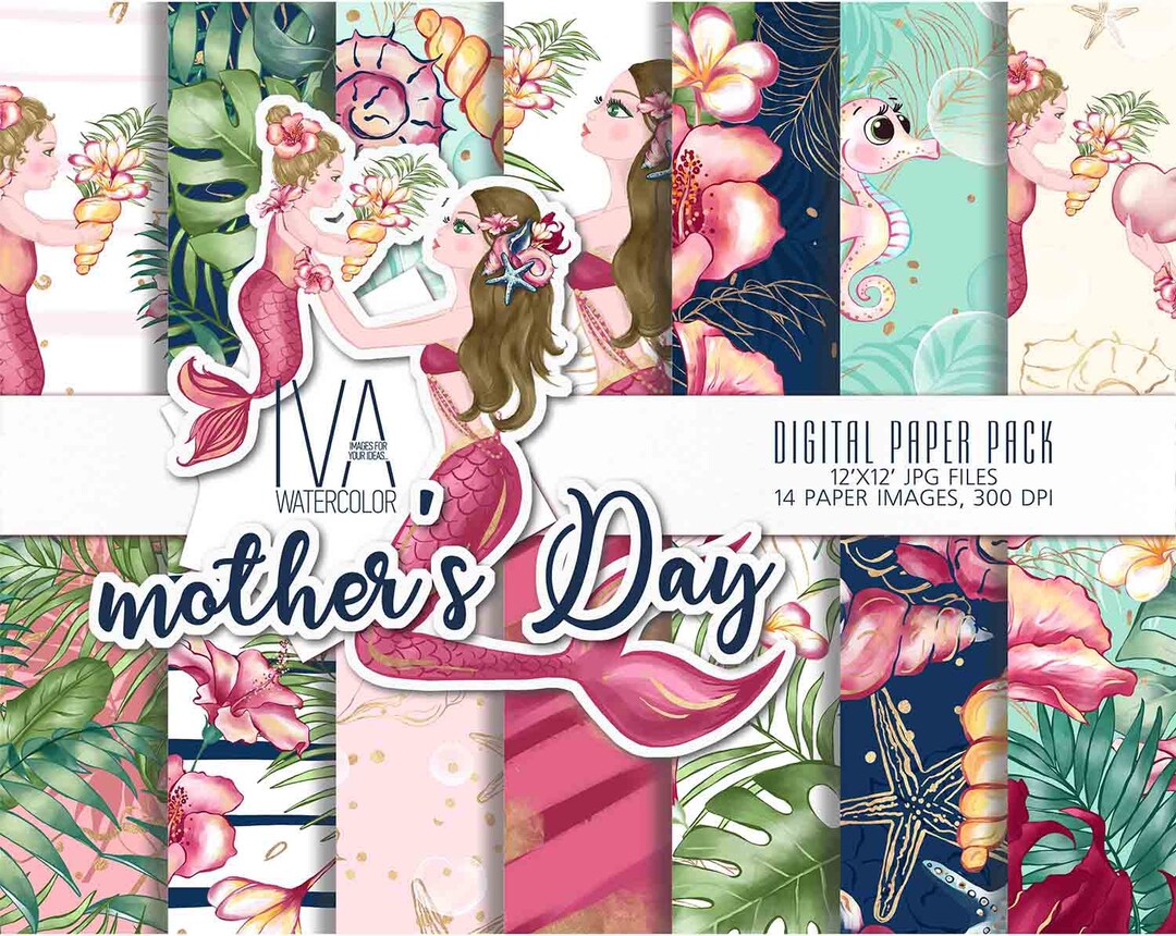 Mermaid Digital Paper Summer Nautical Digital Paper Floral - Etsy