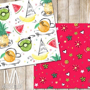 Summer Juicy Tropical Fruits Digital Paper - Colorful Banana, Kiwi ...