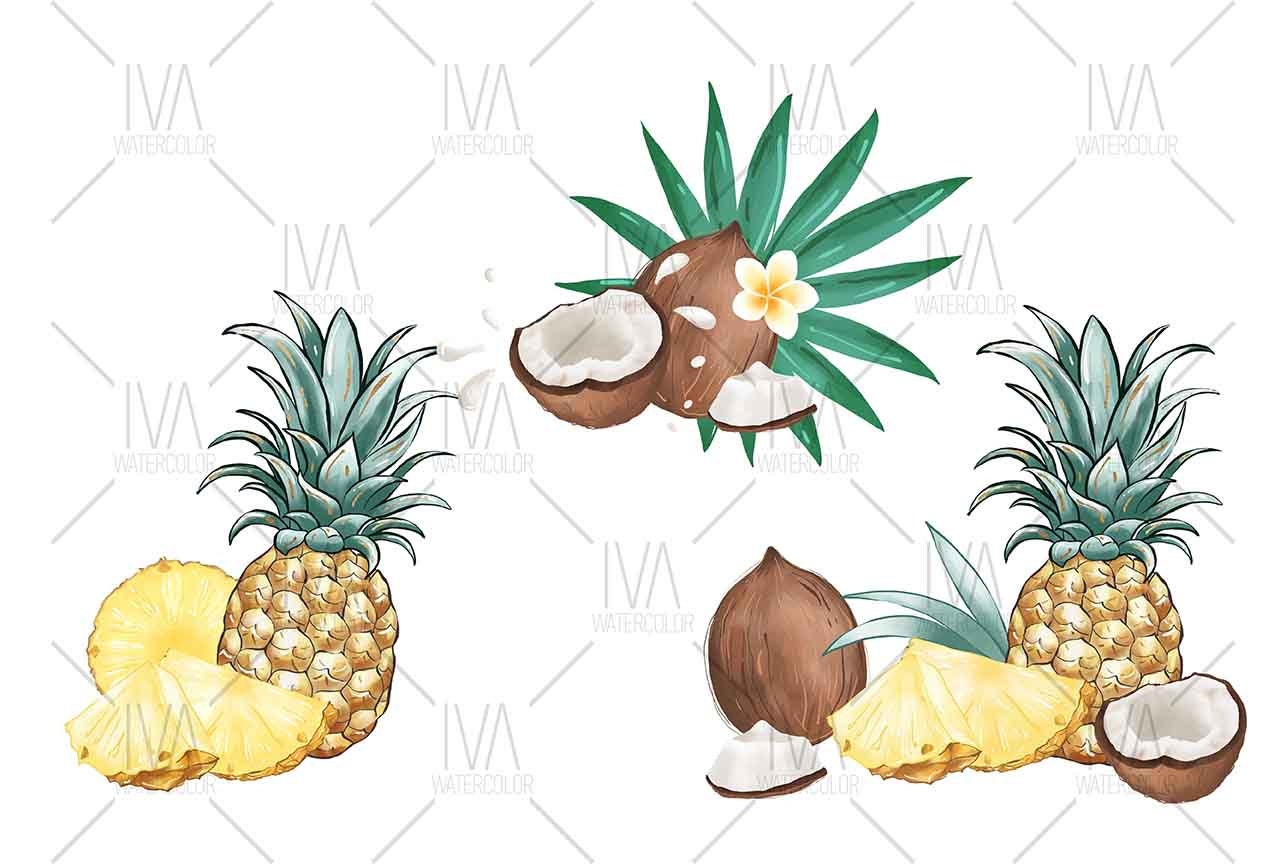 Pineapple Coconut Clipart, Tropical Fruits and Leaves Patterns ...