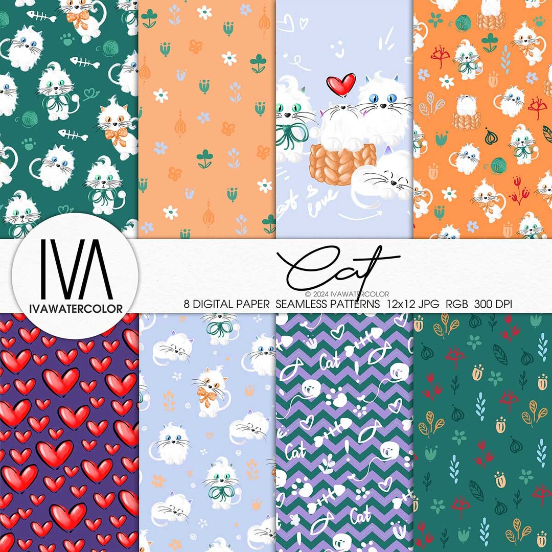 Cats Seamless Digital Paper, Cute Cat Background Pattern Kitty for ...