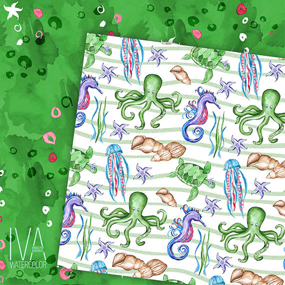 Watercolor Sea Digital Paper, Ocean Digital Set, Seashell Digital Paper ...