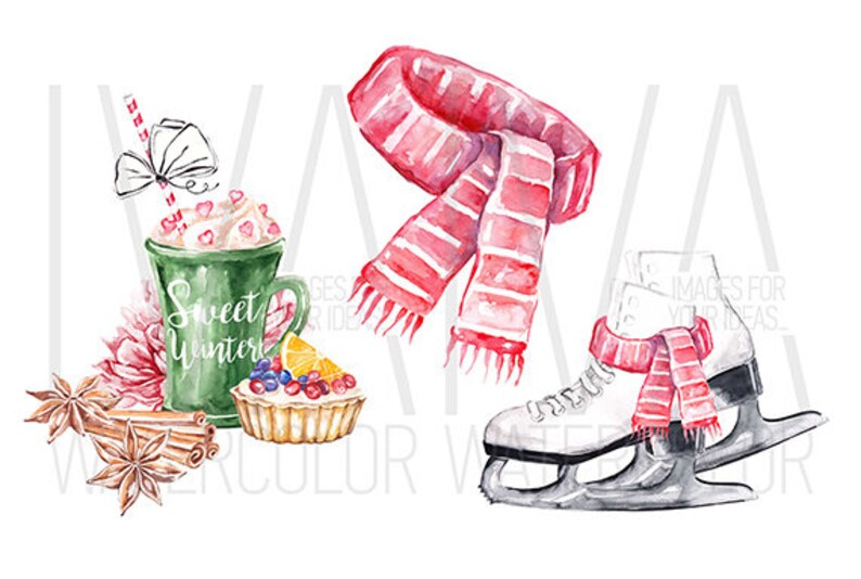 Winter Clipart, Ice Skate Clipart, Christmas Clipart, Winter Watercolor ...