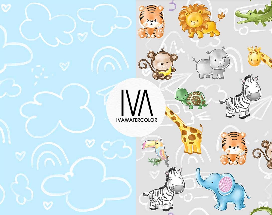 Baby Animals Digital Paper Pack Cute Seamless Pattern Fabric Stickers ...