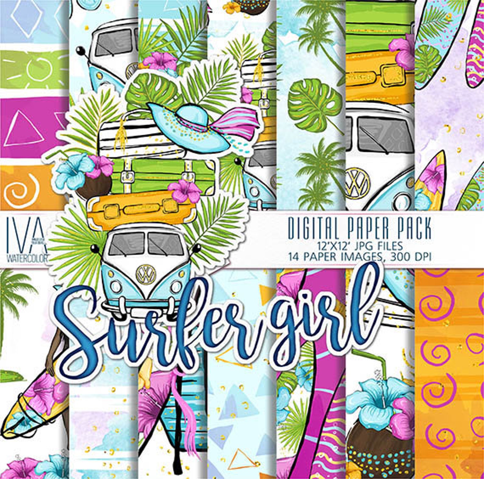 Summer Digital Paper Beach Digital Paper Surfer Girl | Etsy