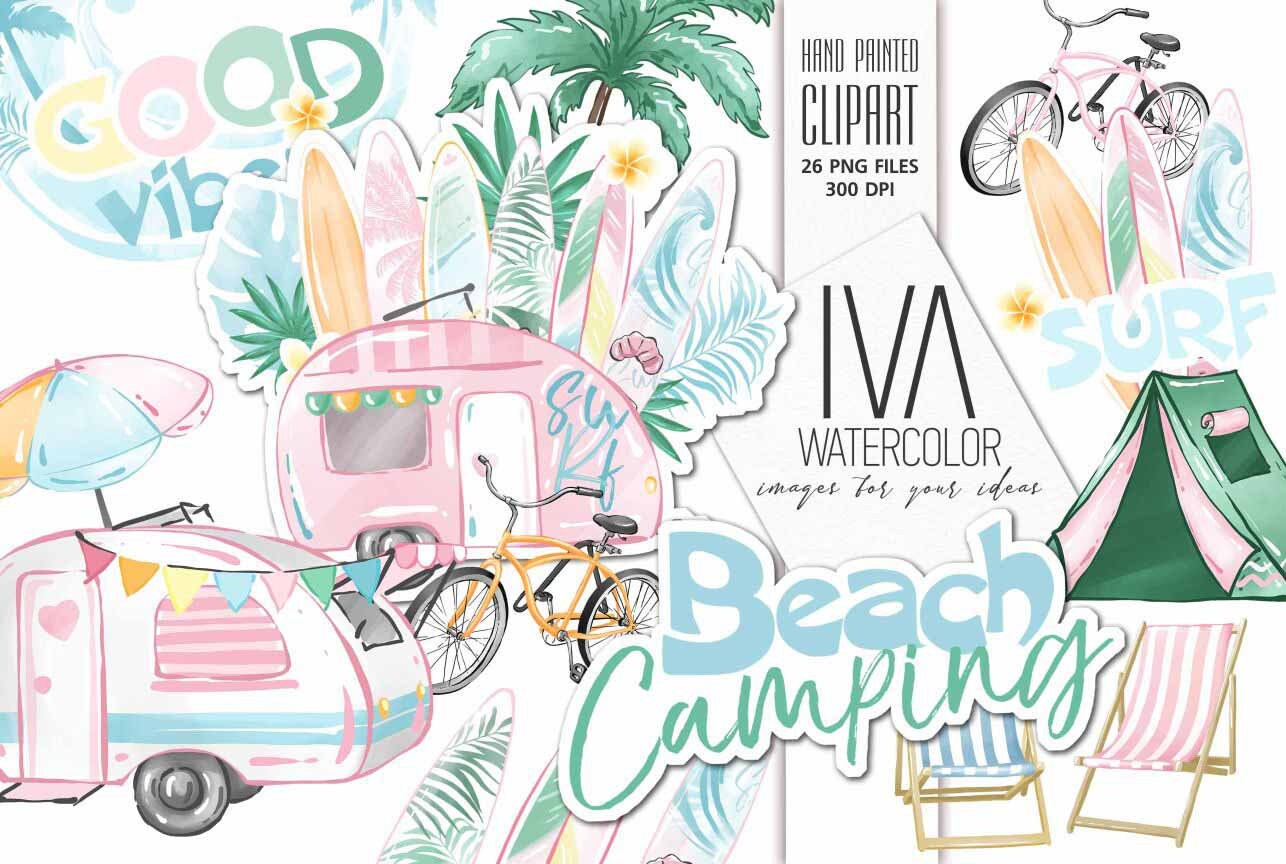 Summer Clipart Beach Camping Clipart Sea Surf Surfing - Etsy