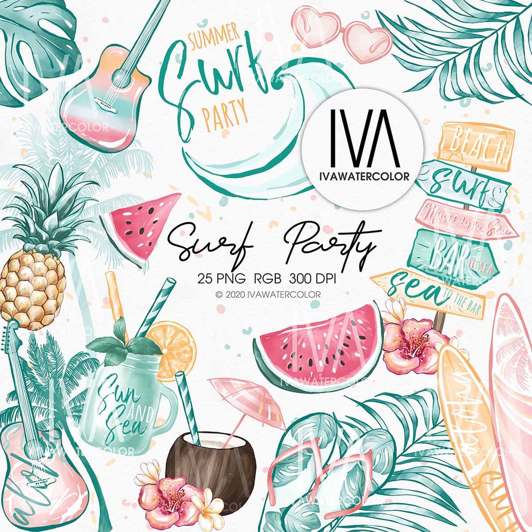 Summer Surfing Clipart, Sea Surfing Png, Tropical Cocktails, Guitar ...