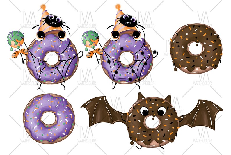 Hand Drawn Halloween Donut Clipart: Spider & Pumpkin PNG Pack - Etsy