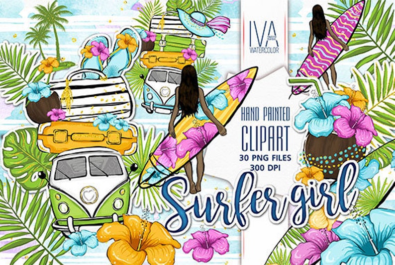 Summer Clipart Surfer Girl Exotic Beach Clipart Tropical - Etsy