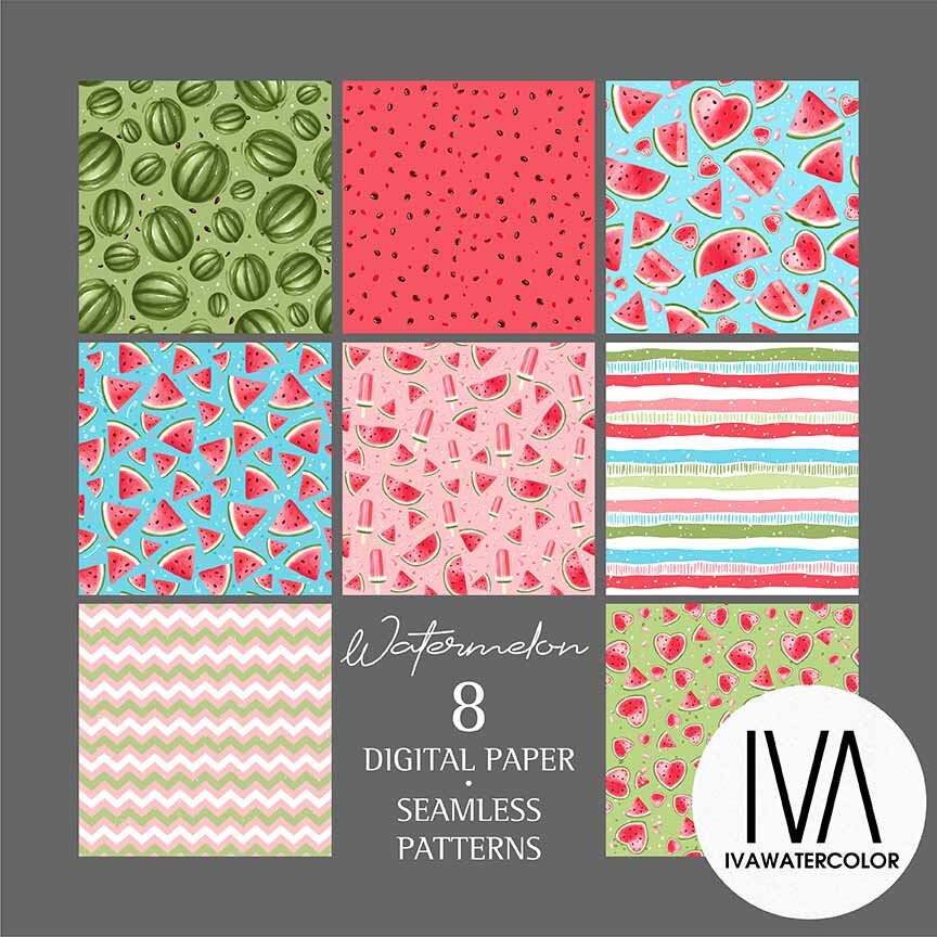 Watermelon Background Digital Paper Seamless Summer Patterns & Fruit ...