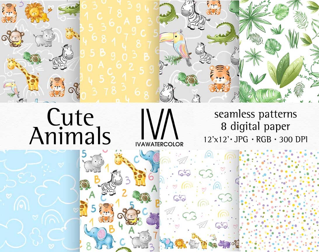 Baby Animals Digital Paper Pack Cute Seamless Pattern Fabric Stickers ...