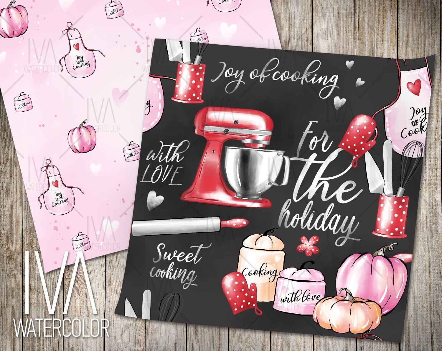 Culinary Art Design Digital Paper, Kitchen Art, Dessert Surface Pattern ...