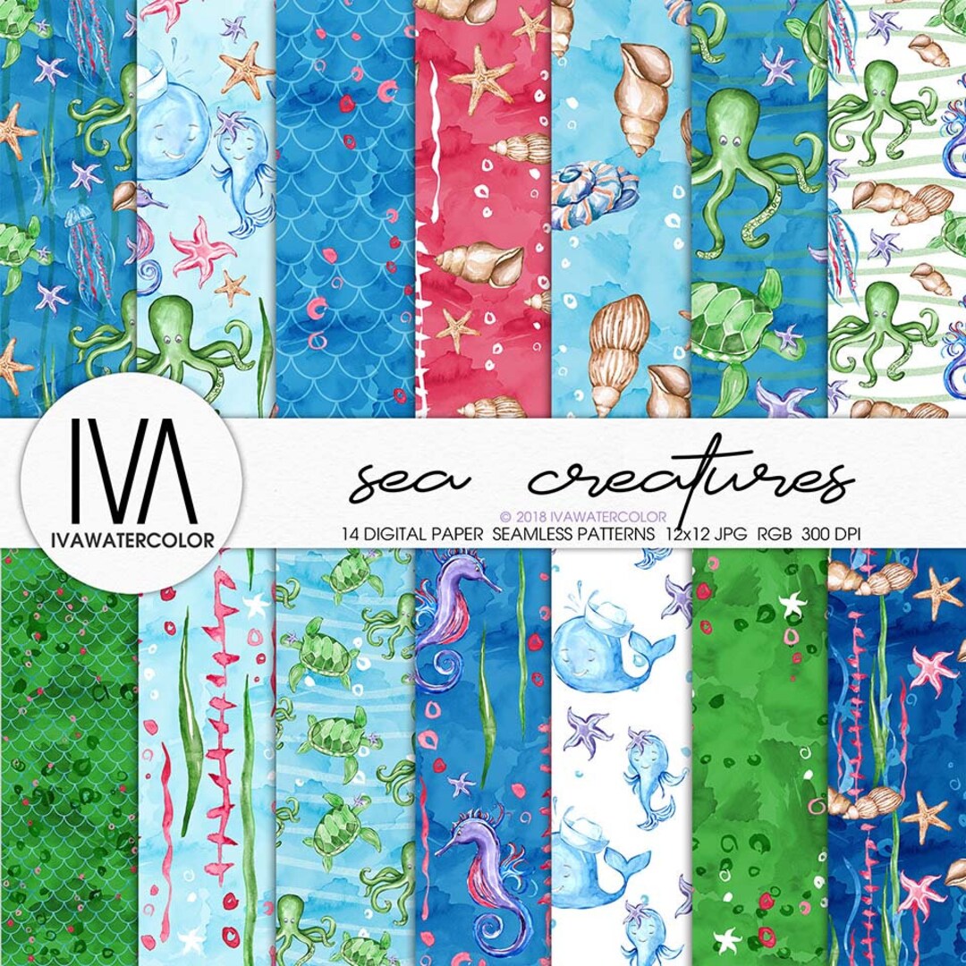Watercolor Sea Digital Paper, Ocean Digital Set, Seashell Digital Paper ...