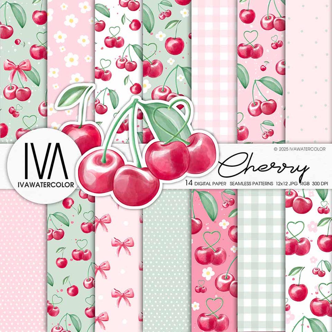 Cherry Digital Paper Pack, Red and Pink Watercolor Cherry Seamless ...