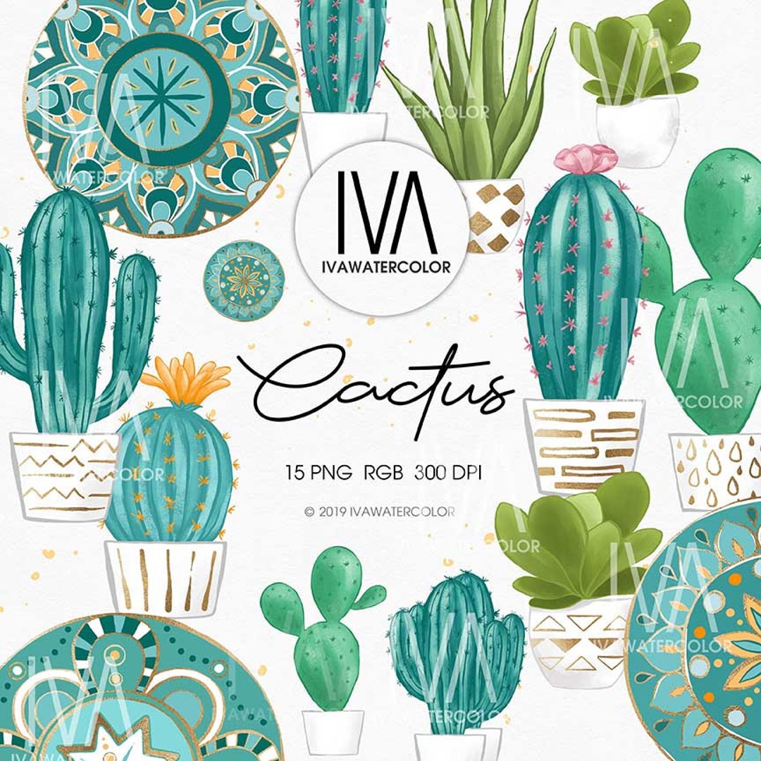 Cactus Clipart, Succulent Clipart, Pastel Hand Drawn Floral Fabric ...