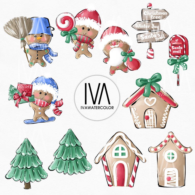 Gingerbread Cookies Watercolor PNG: Christmas Candy Clipart (digital ...