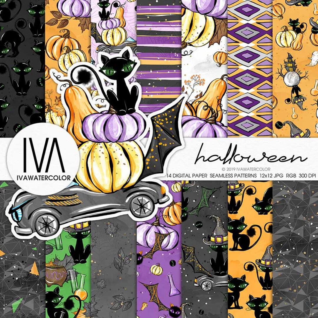 Halloween Digital Paper Pack, Cat Pumpkin Halloween Digital Paper ...