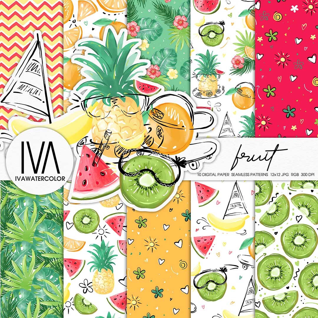 Juicy Tropical Fruits Digital Paper - Colorful Banana, Kiwi, Pineapple ...