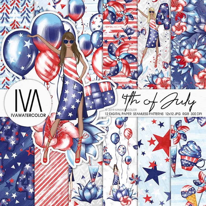 Patriotic Digital Paper Set for 4th of July American Flag Designs ...