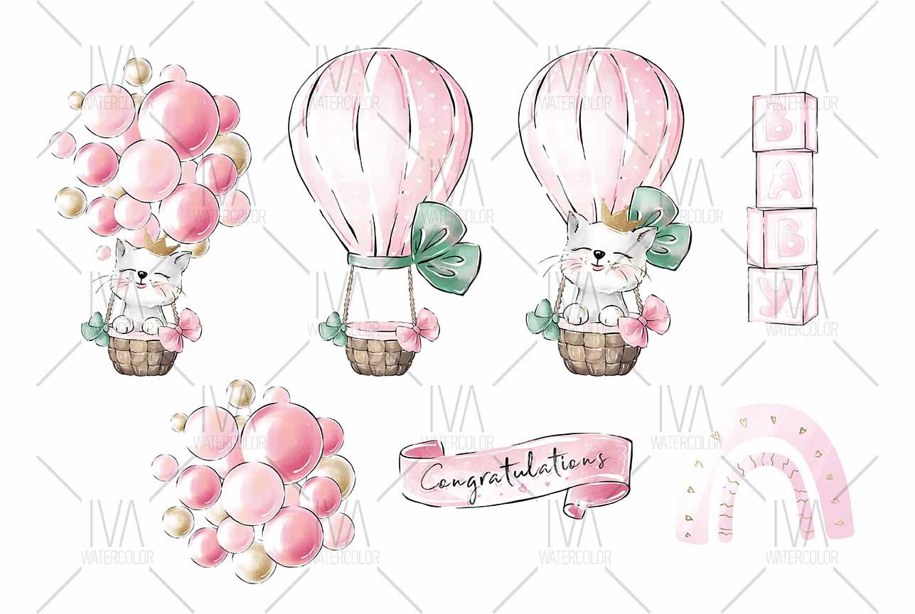 Baby Girl Balloons PNG Clipart, Cat Pink Illustration, Pattern for ...