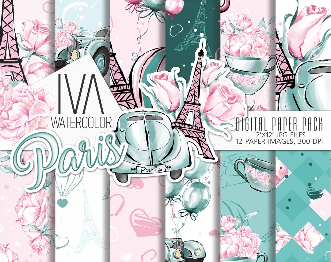 Paris Spring Wedding Digital Paper, Hot Air Balloons in Paris, Seamless ...