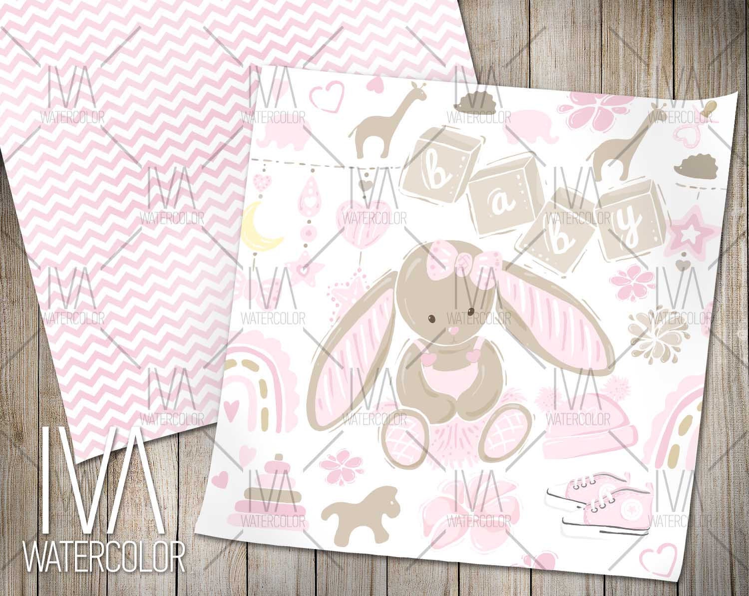Baby Girl Digital Paper, Clipart Bundle, Toys Digital Seamless Patterns ...