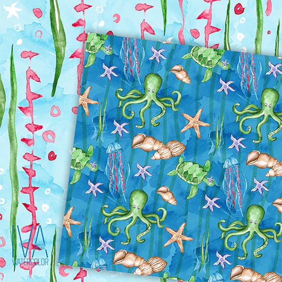 Watercolor Sea Digital Paper, Ocean Digital Set, Seashell Digital Paper ...