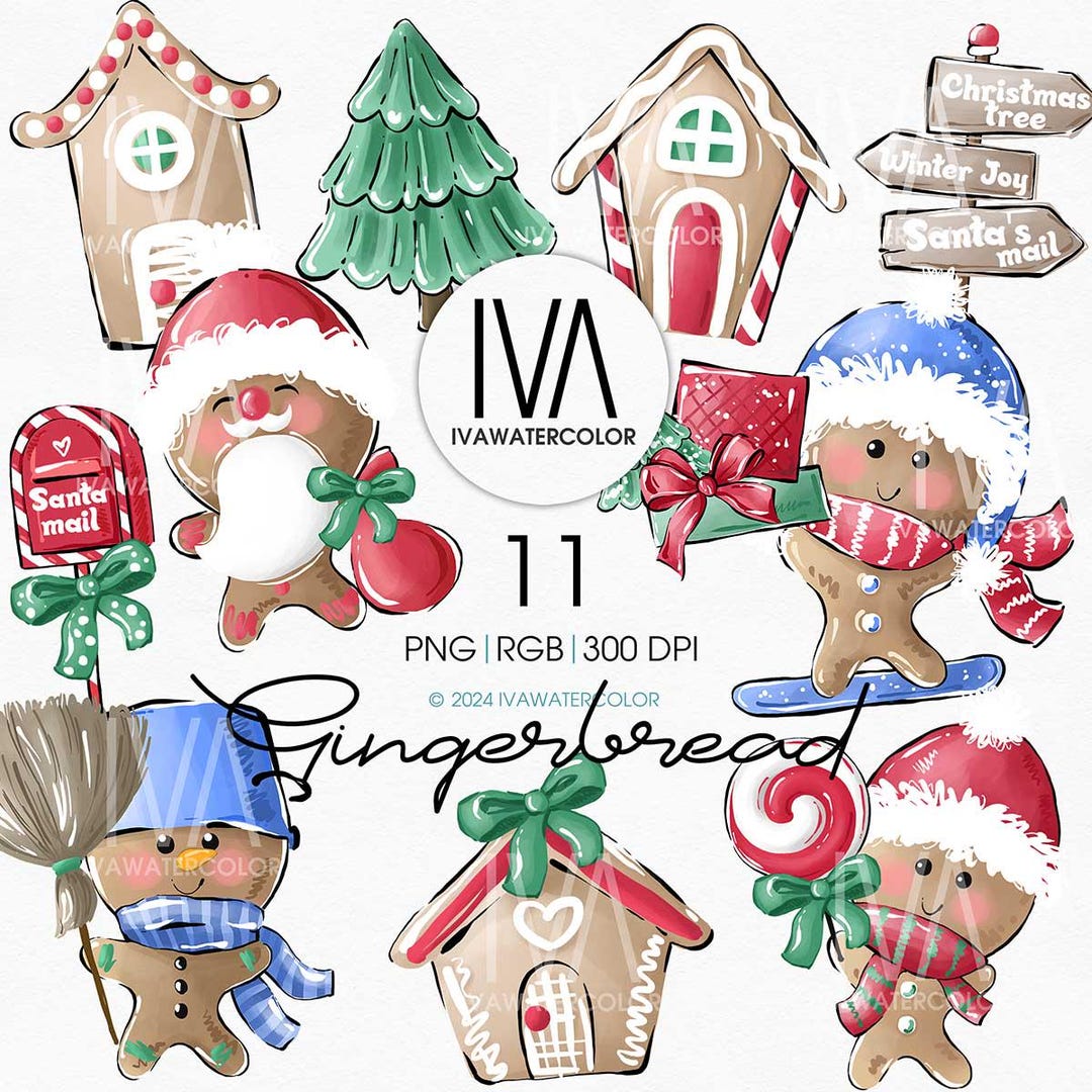 Gingerbread Cookies Watercolor PNG: Christmas Candy Clipart (digital ...