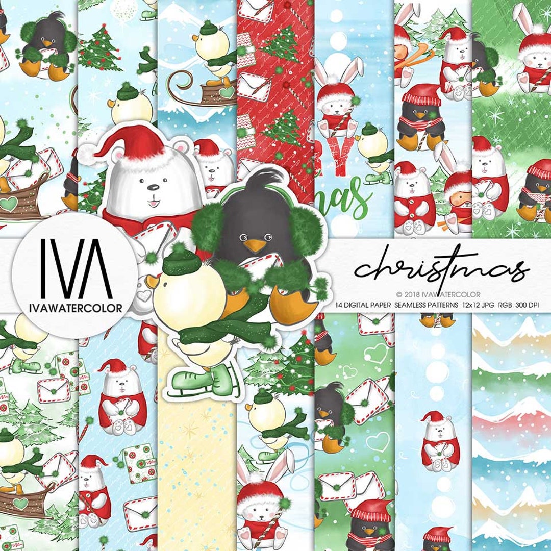 Christmas Penguin Bear Duck Rabbit Digital Paper, Festive Winter ...