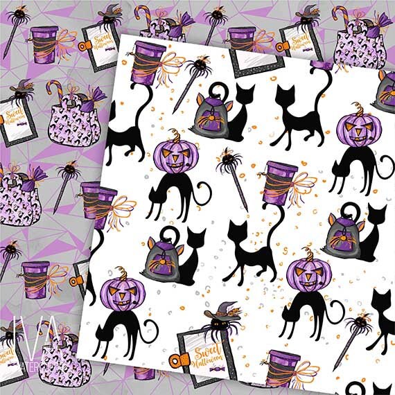 Halloween Digital Paper Pack, Scrapbook, Autumn Watercolor Fall, Black ...