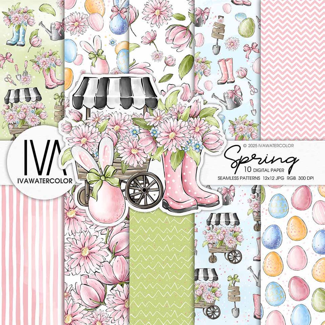 Easter Spring Seamless Pattern, Pink Boots Flowers Garden, Eggs Pattern ...