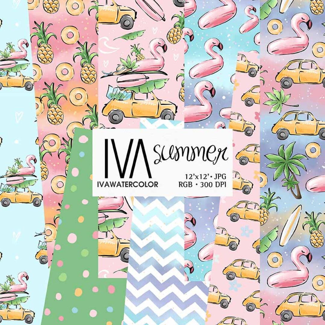 Retro Car Summer Digital Paper Surf Drawing Vibrant Flamingo, Palms ...