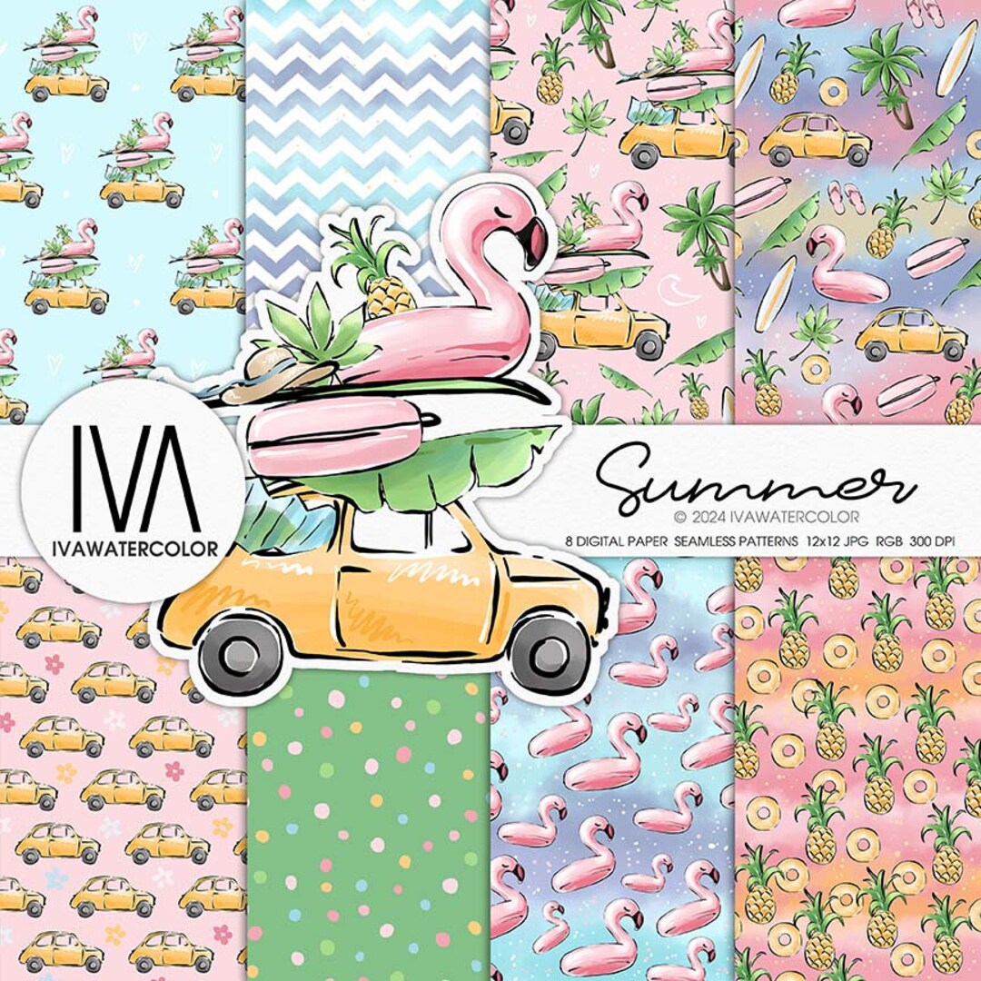 Summer Car Digital Paper Yellow Car Flamingo Belt Palm Leaves Pineapple ...