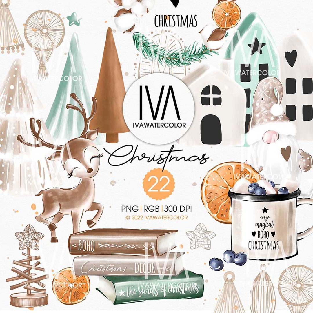 Christmas Gnome Clipart, BOHO Xmas Clipart, Christmas Reindeer, Cute ...
