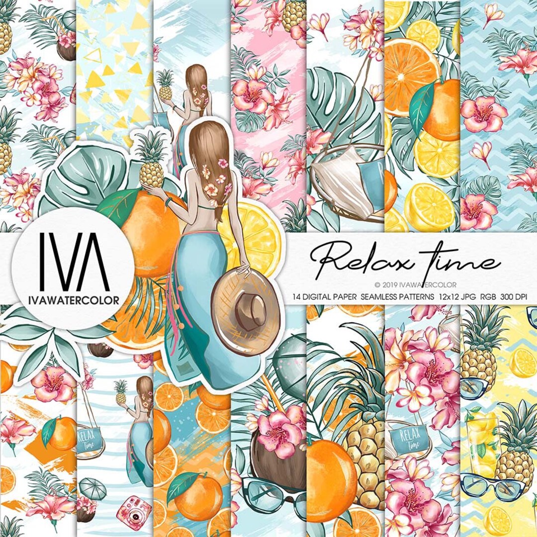 Summer Tropical Digital Paper Pack, Exotic Citrus Fruits, Planner ...