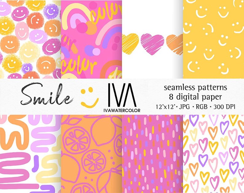 Smiley Face and Hearts Digital Paper, Pink Orange Yellow Seamless ...