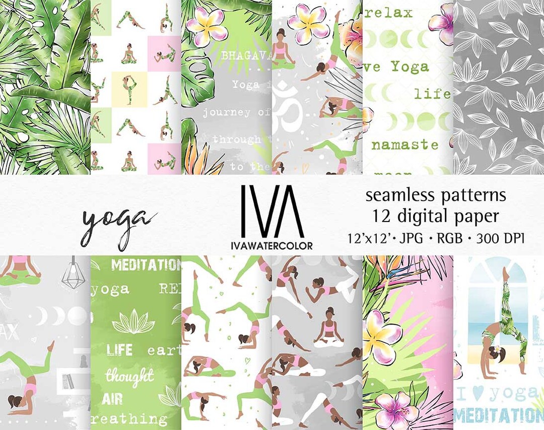 Yoga Digital Paper Pack, Yoga Poses, Exercises, Pilates, Floral Motifs ...