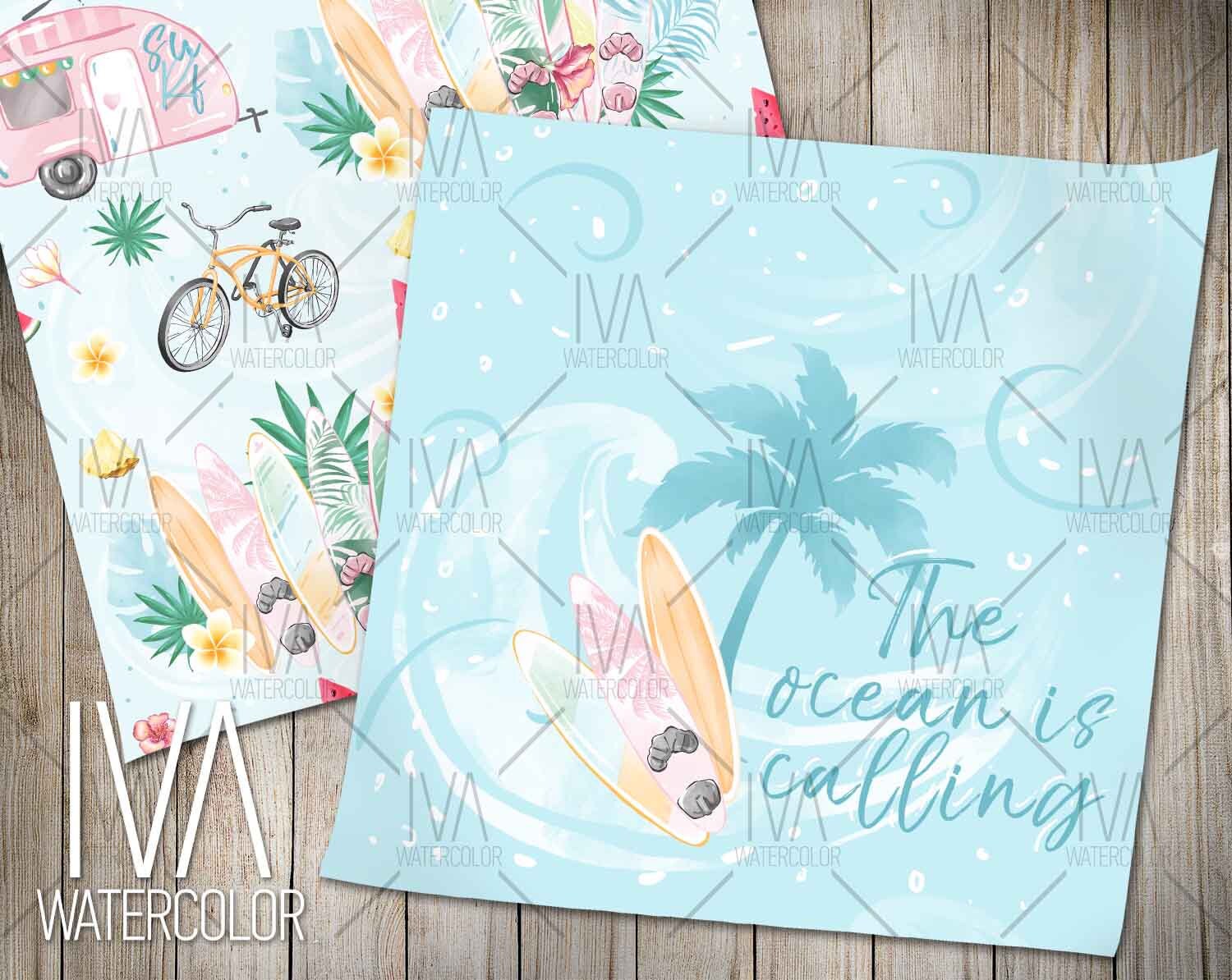 Summer Beach Camping Seamless Patterns, Palm Sea Surf Digital Paper ...