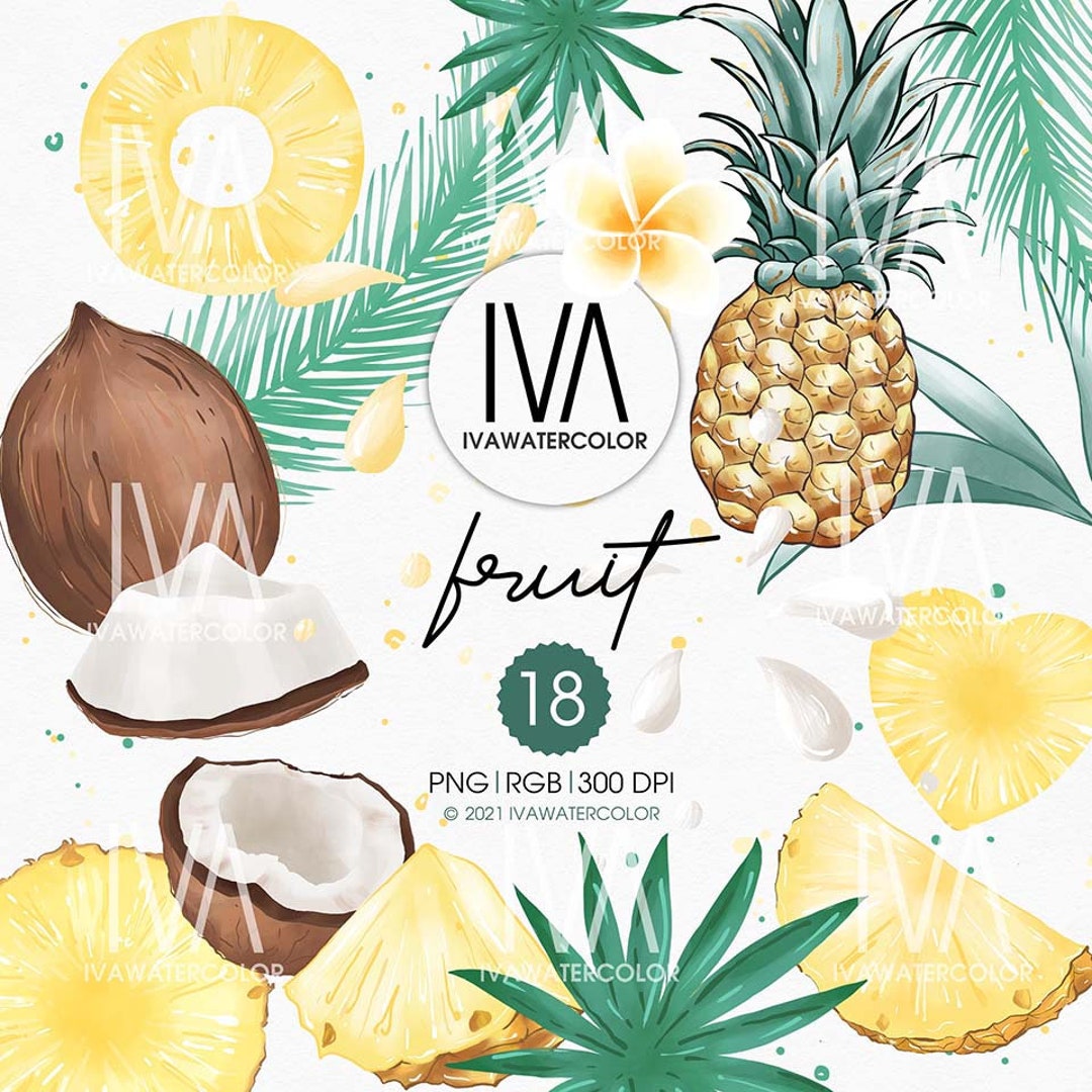 Pineapple Coconut Clipart, Tropical Fruits and Leaves Patterns ...
