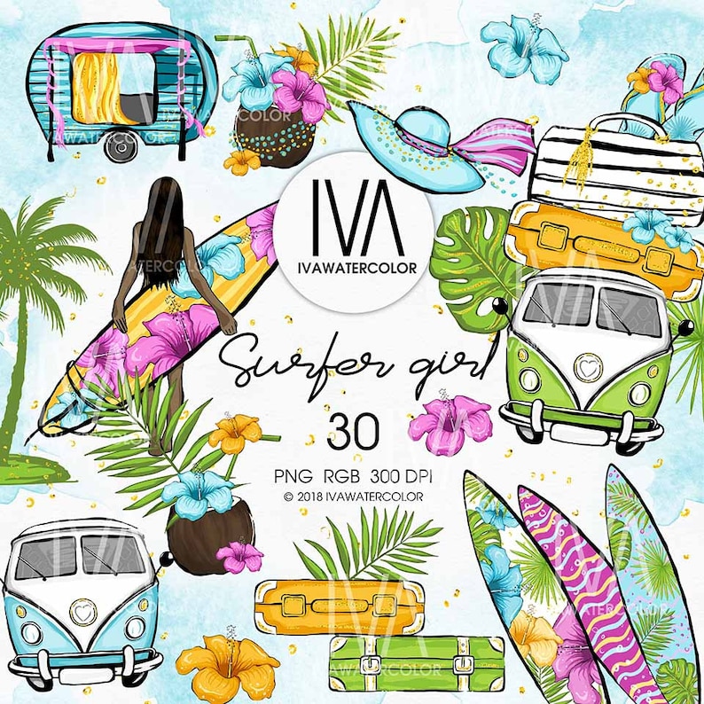 Summer Clipart, Surf Clipart, Surfer Girl Exotic Beach Clipart ...