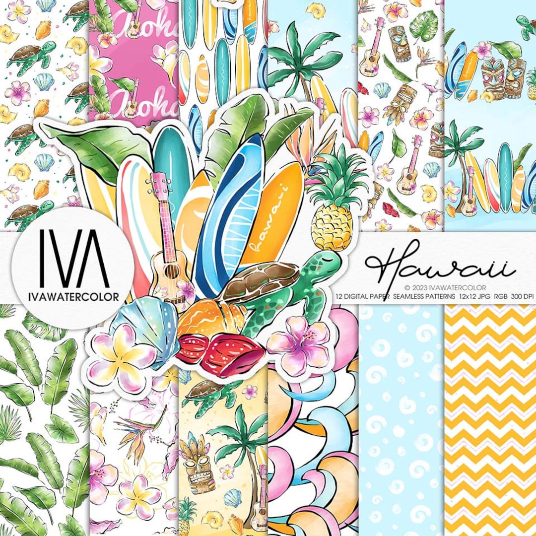 Hawaii Surfing Digital Paper, Seamless Pattern, Hawaii Summer, Sea Surf ...